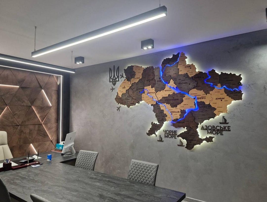 3D LED Wooden Map of Ukraine With Acrylic Rivers – Light Tree Wood Wall ...