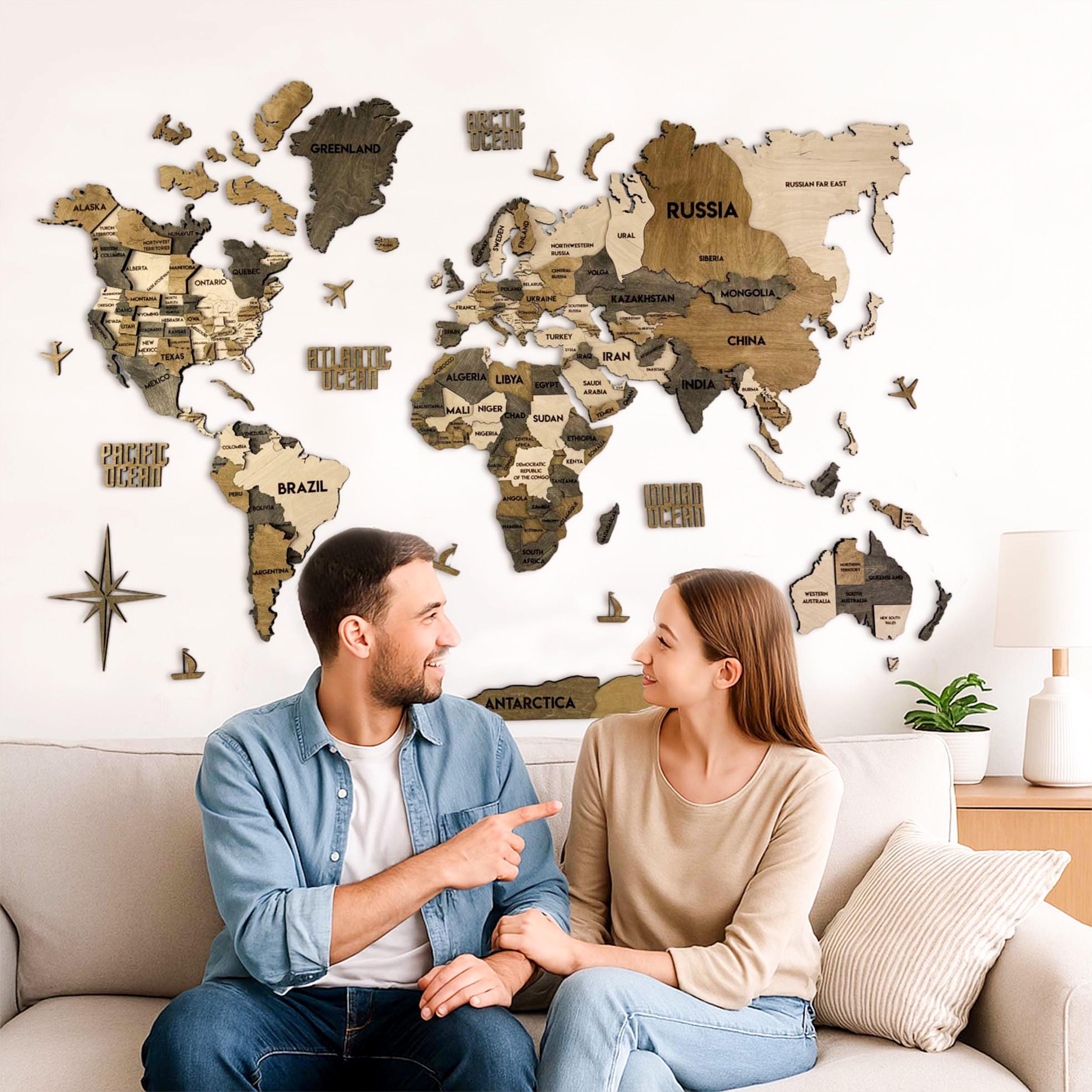 Wooden World Map With LED Backlight - 3D Wall Map Decor, Light up ...