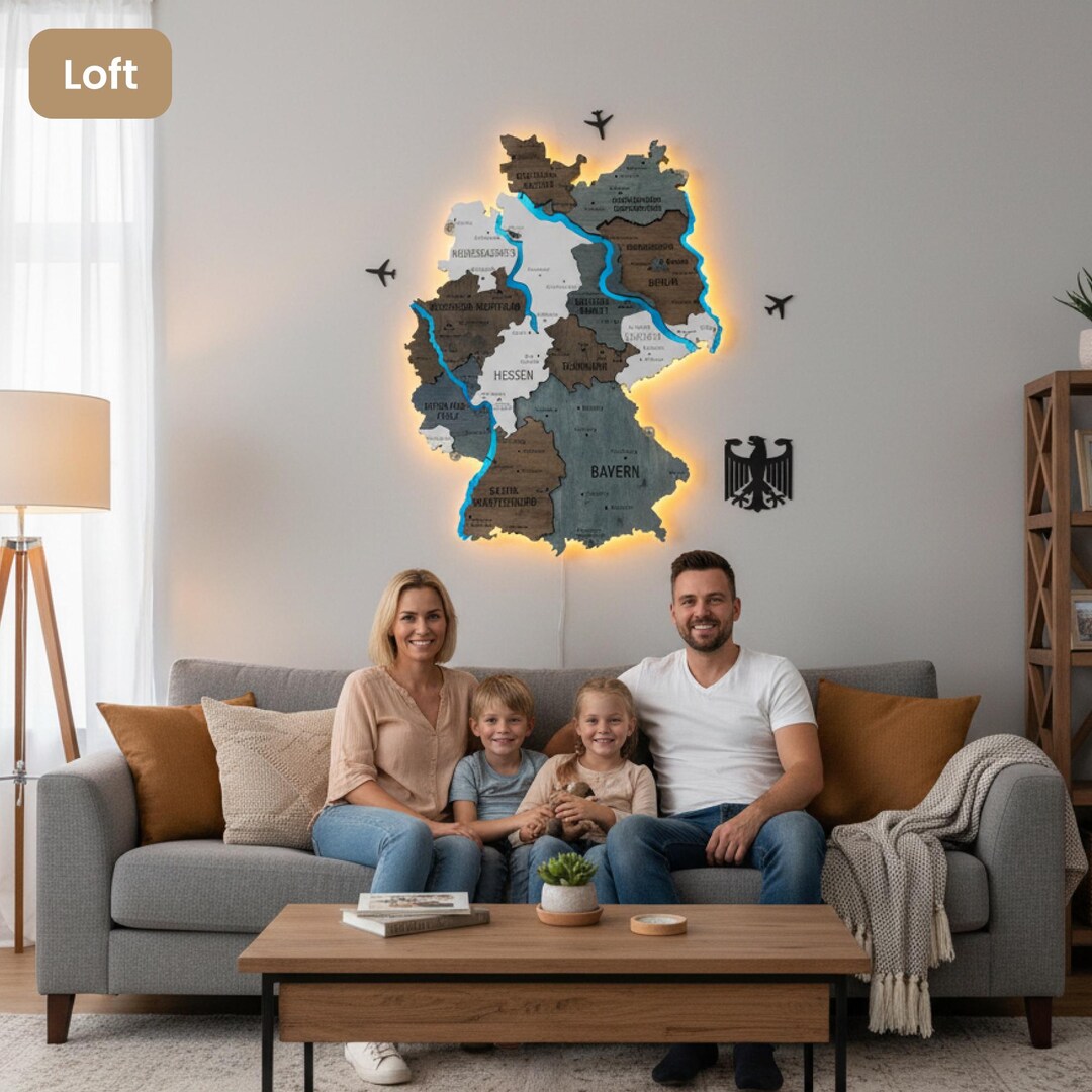 3D Wooden Map of Germany With Rivers and Regions, LED Educational Wall ...