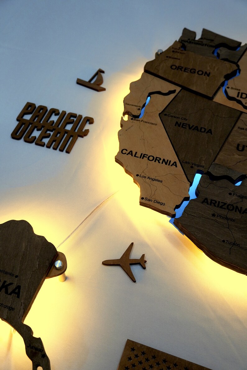 USA Acrylic Map With Rivers, Wood World Map, 3D Wall Decor, Wall Art ...