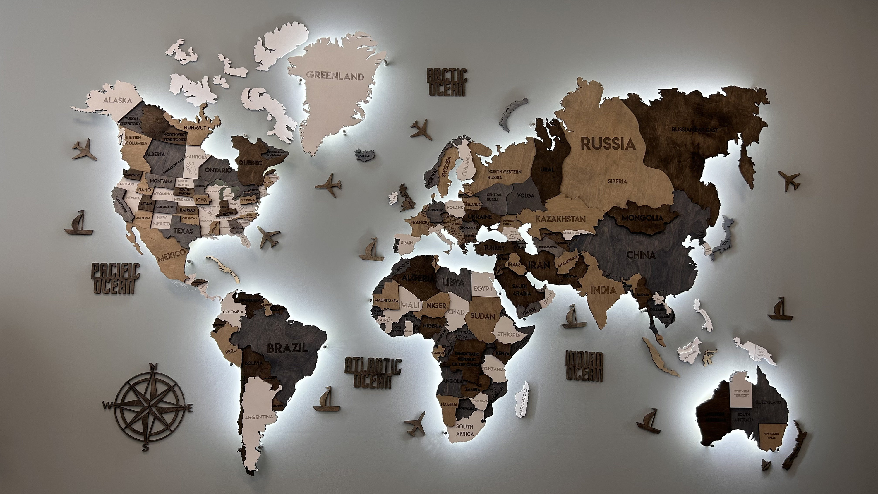 LED World Wall Map, Travel Map Lights, Wall Map Mural Oversized, Wooden ...