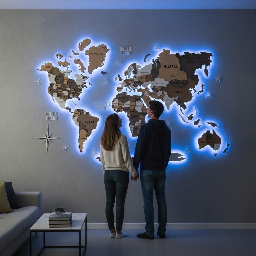Beleuchtete Weltkarte Wand
