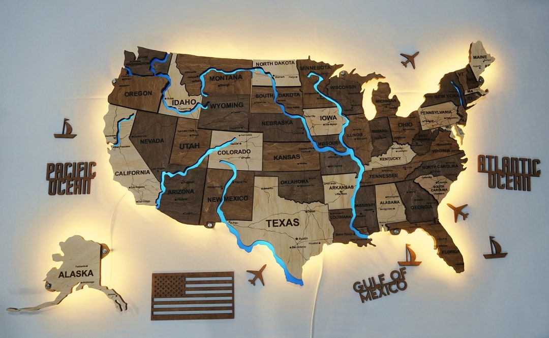 3D Wooden USA Map With Roads and Flowing Rivers, LED Wall Art for ...
