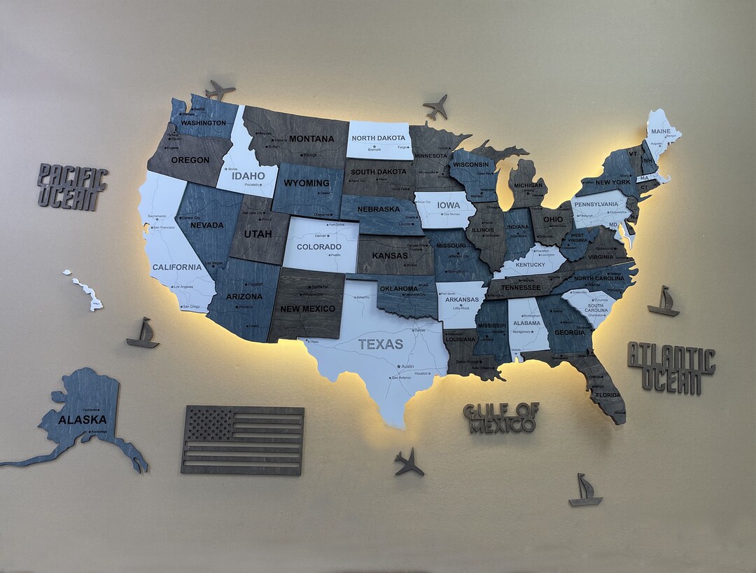 USA Map Wall Art - Large Wood Push Pin Map for Living Room Decor ...