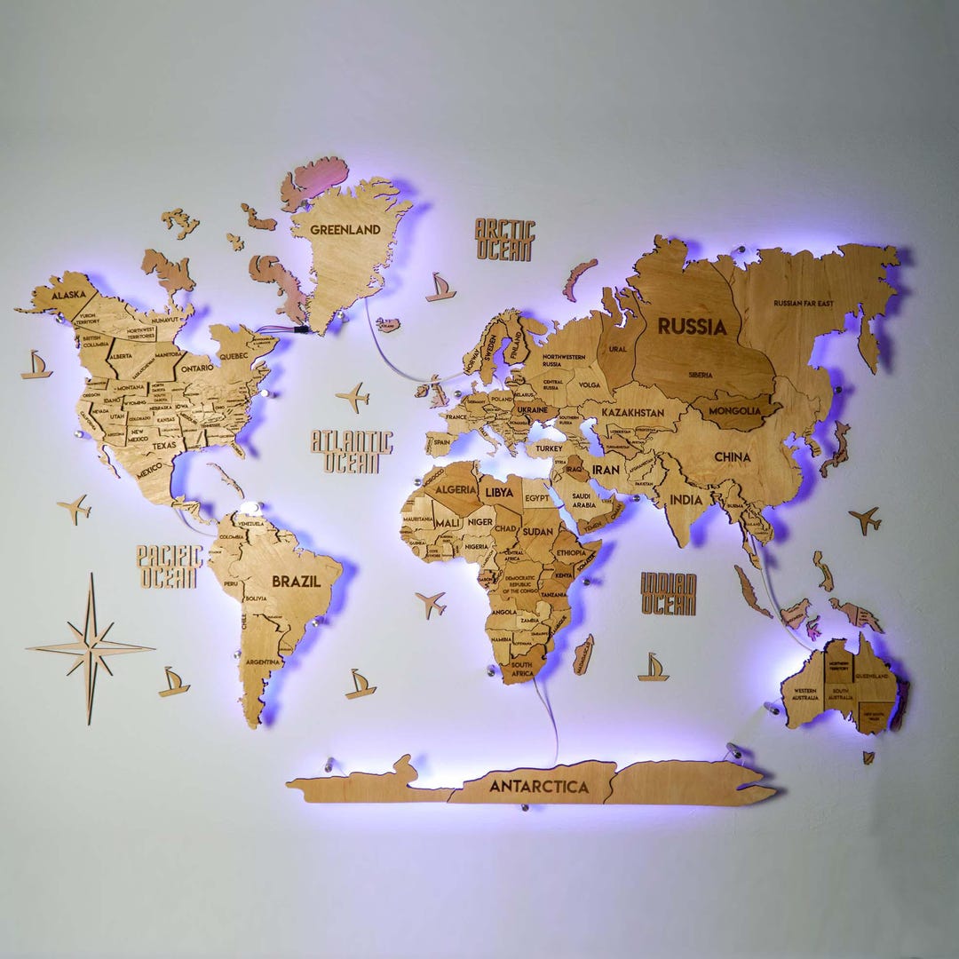 LED World Wall Map, Travel Map Lights, Wall Map Mural Oversized, Wooden ...
