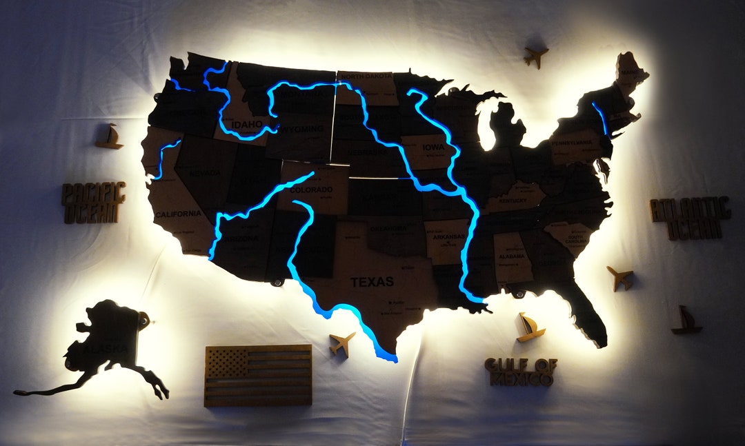 USA Acrylic Map With Rivers Wood World Map 3D Wall Decor - Etsy