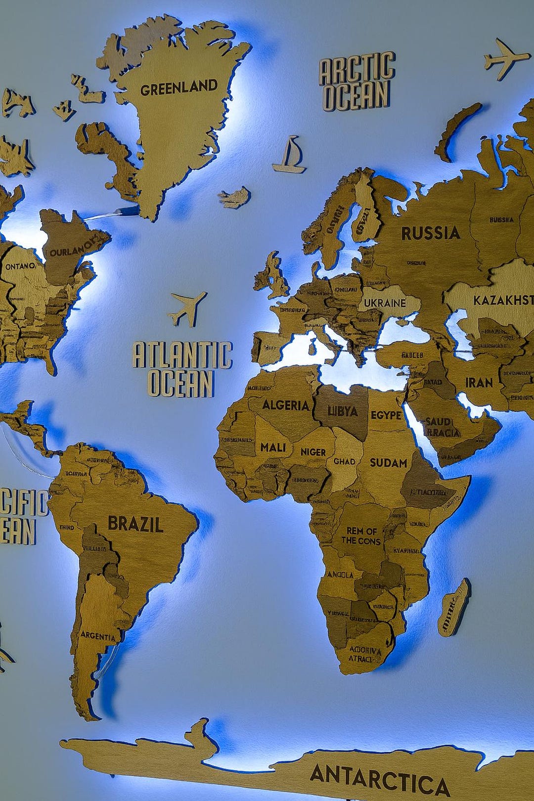 XXL Light-up Wooden World Map With LED Backlight – 3D Wall Art Decor ...