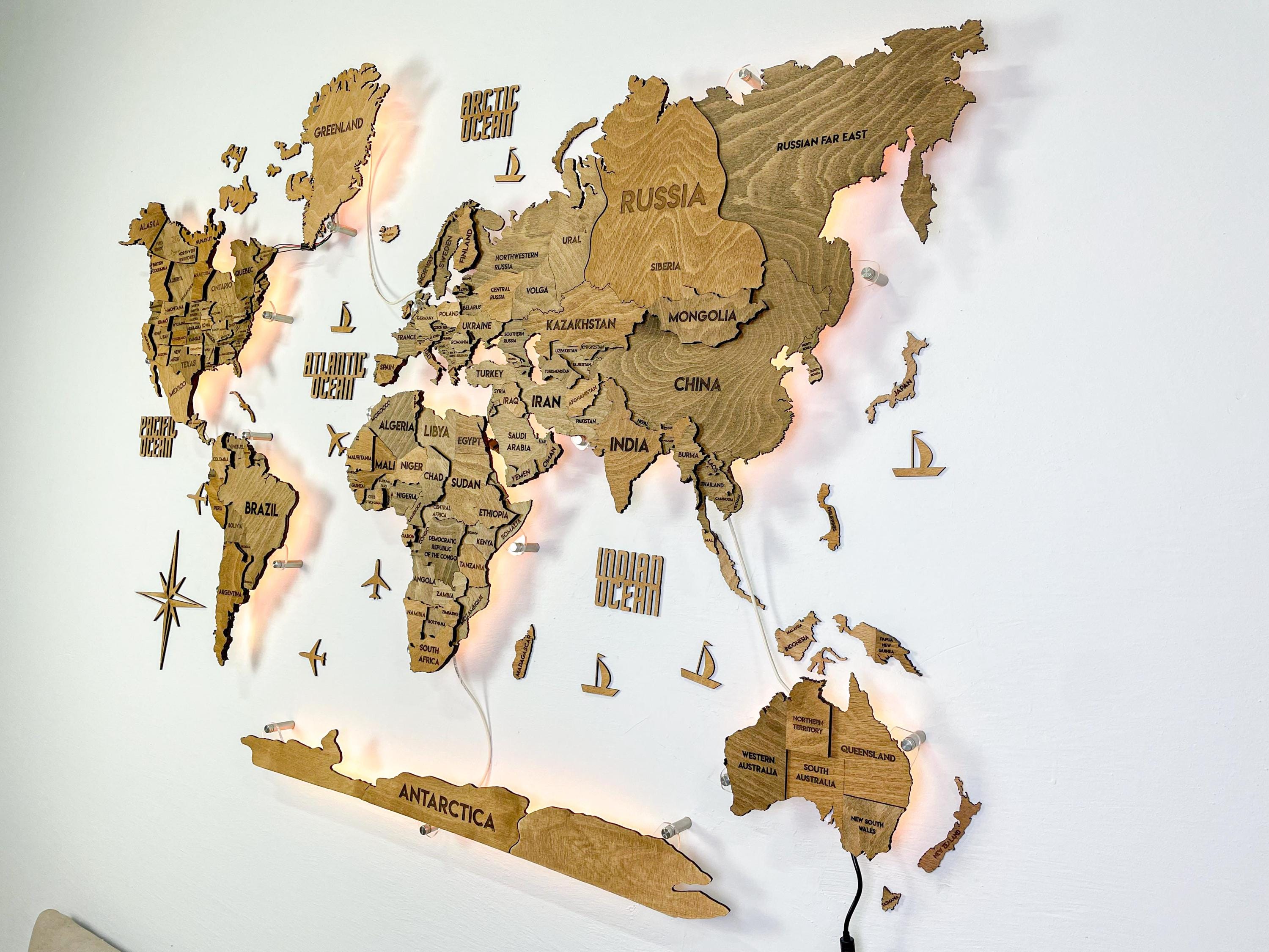 Wooden World Map With LED Lights – Handmade 3D Travel Wall Art for ...