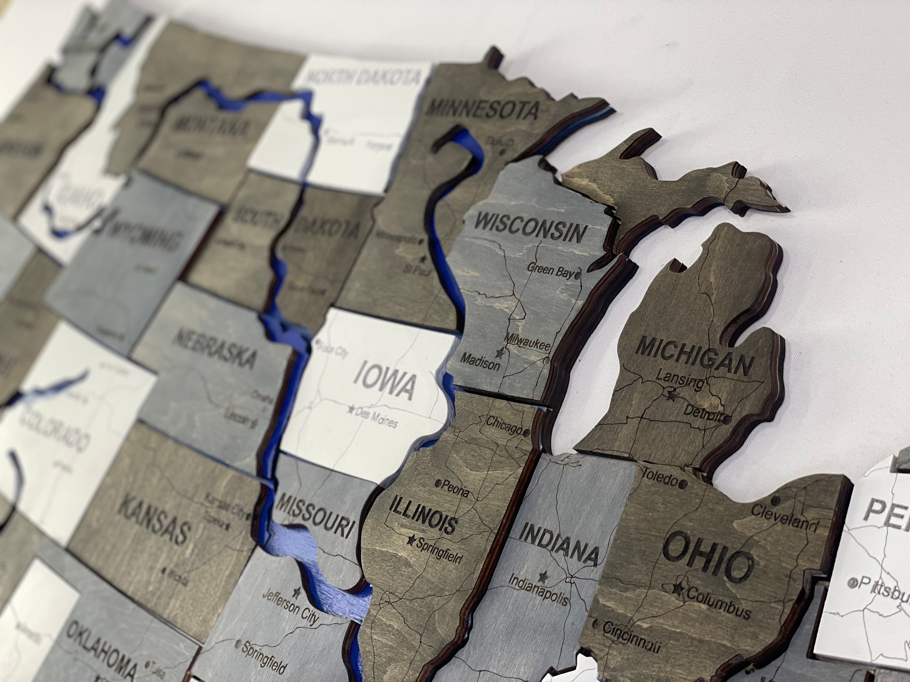 Monochrome Wooden USA Map – 3D Wall Art With Rivers and State Borders ...