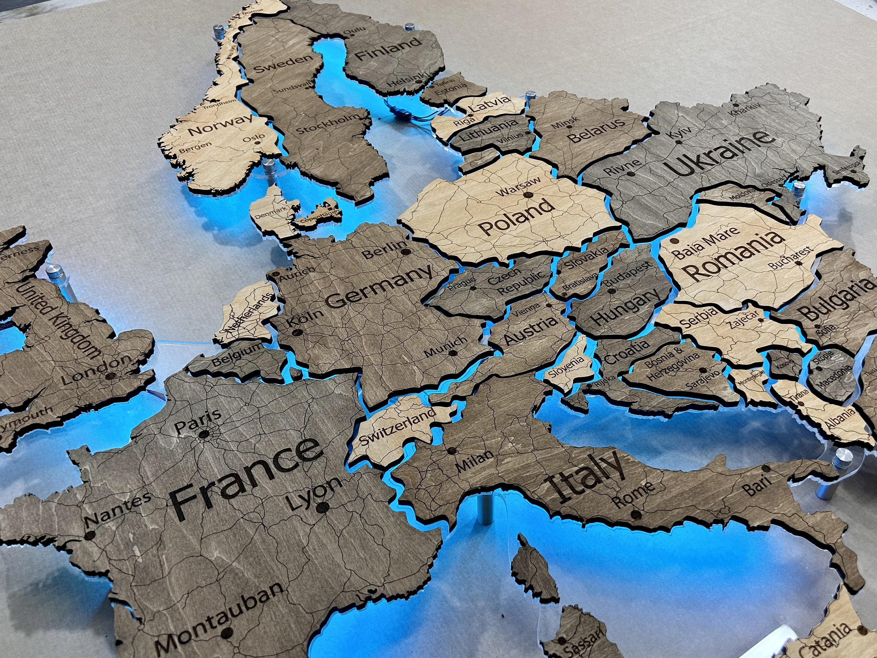 Map of Europe on Acrylic, Map With Roads and Illumination Between ...