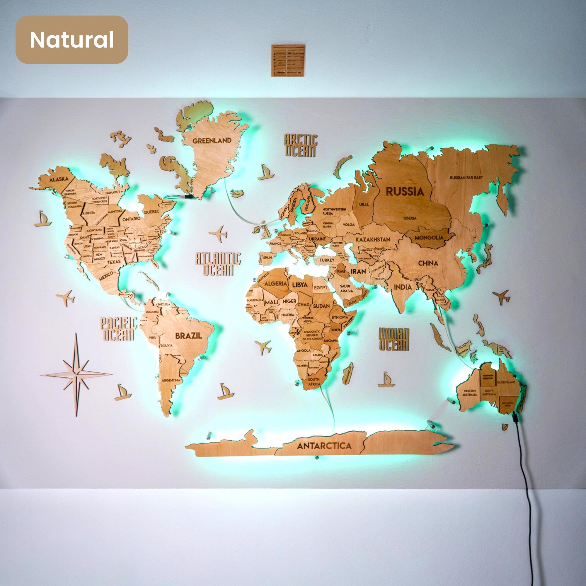 XXL Light-up Wooden World Map With LED Backlight – 3D Wall Art Decor ...