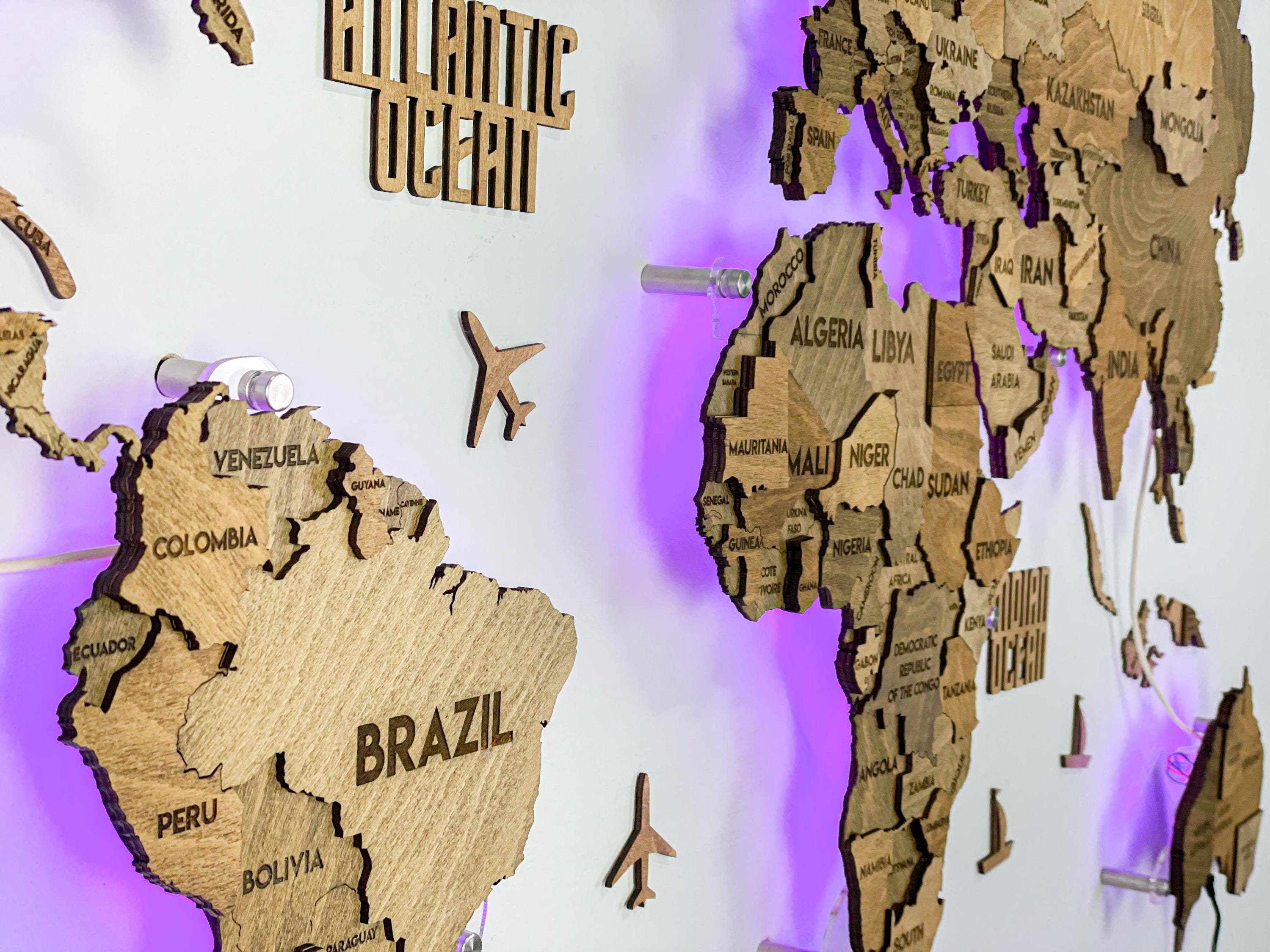 Wooden World Map With LED Lights – Handmade 3D Travel Wall Art for ...