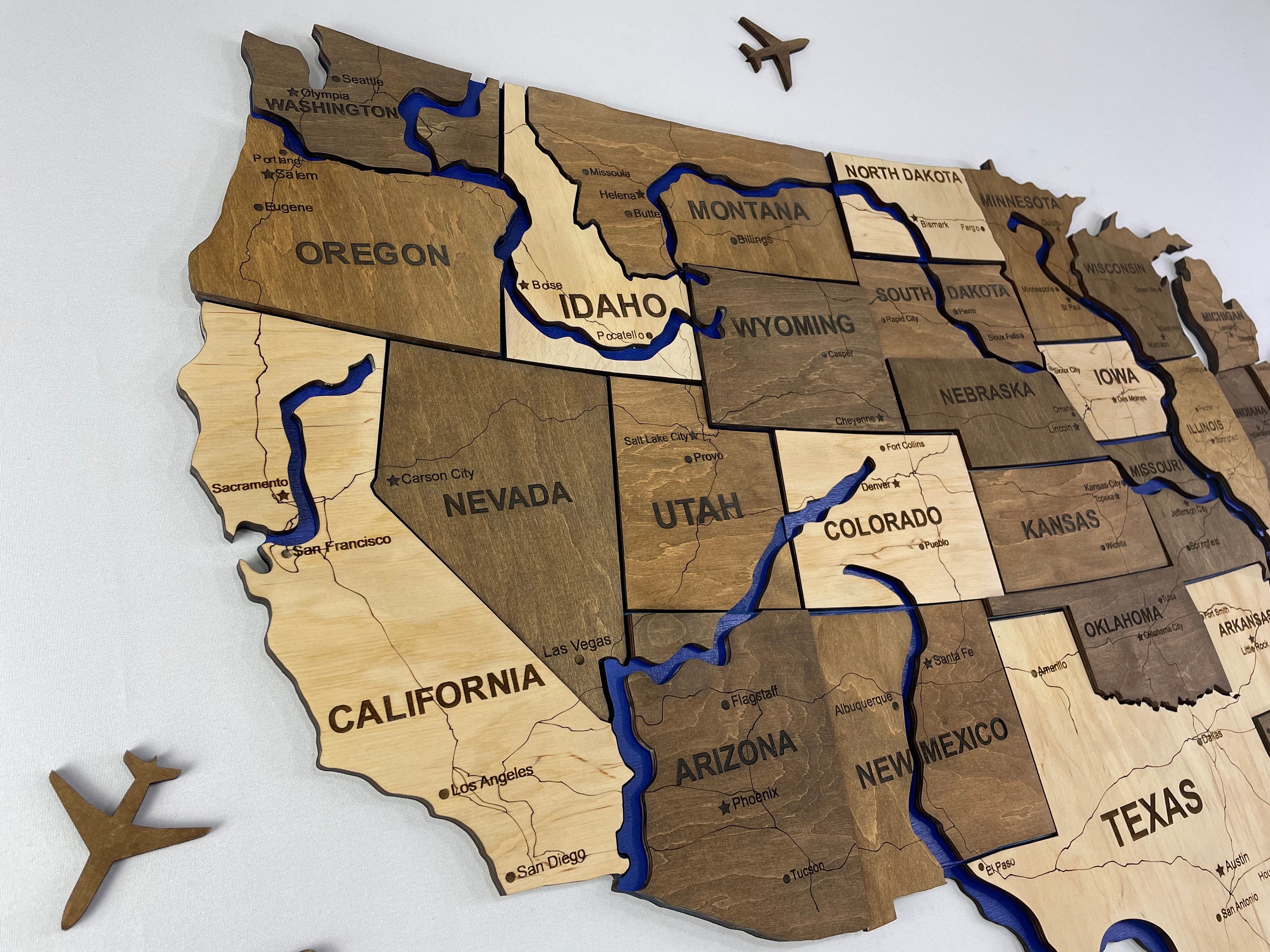 USA Travel Map Wooden, 3D Wall Map Art, Wall Map With LED Lights, Wood ...