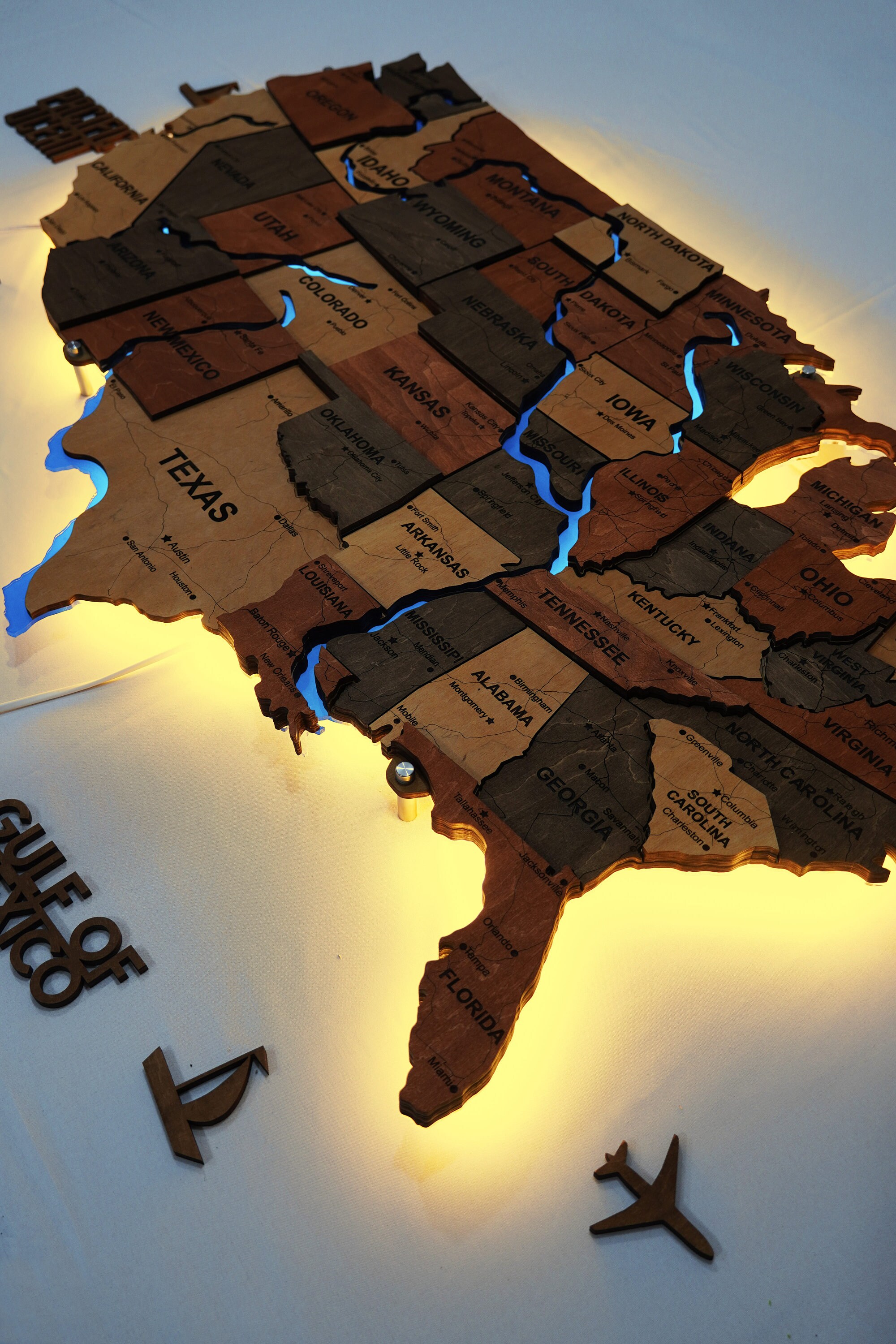 Wooden USA Map With LED Lights, Travel Tracker Wall Art, Custom Map for ...