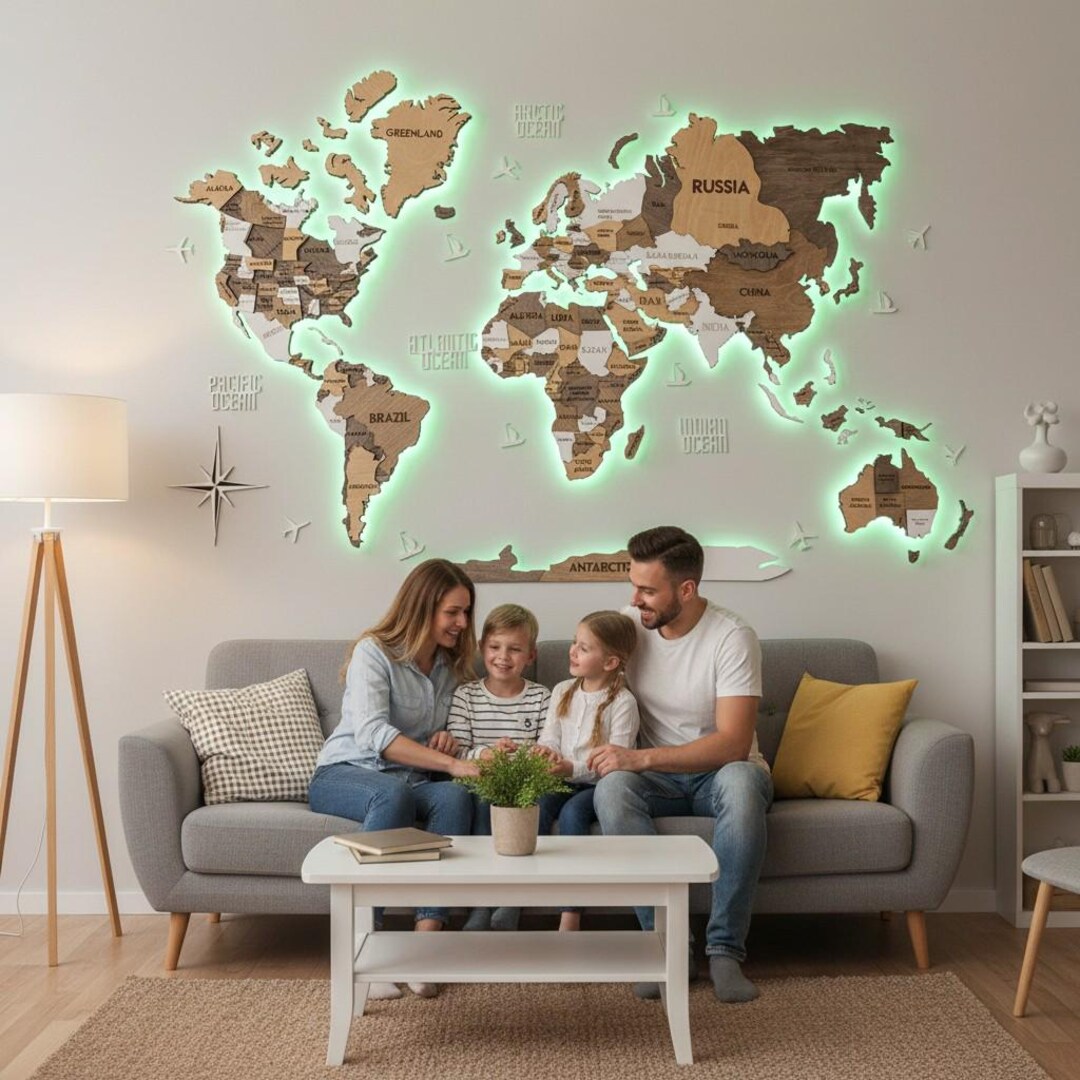 Wooden World Map With LED - 3D Lighted Wall Map for Family Home, Wooden ...