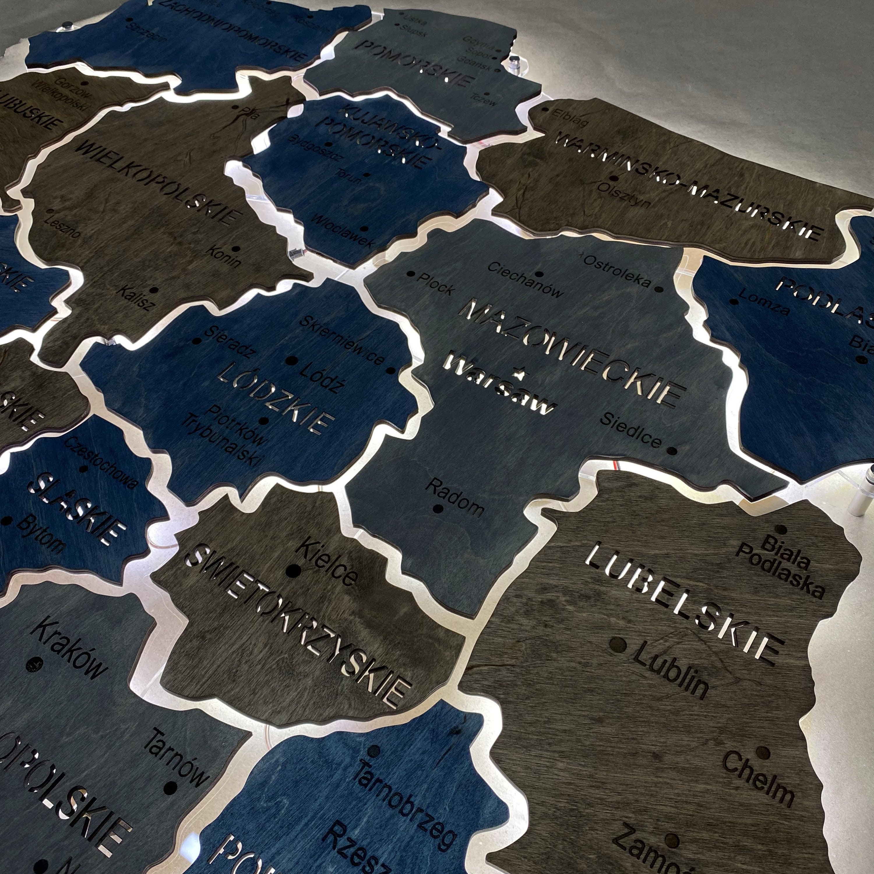 Map of Poland on Acrylic, Map With Illumination Between Areas lodz ...