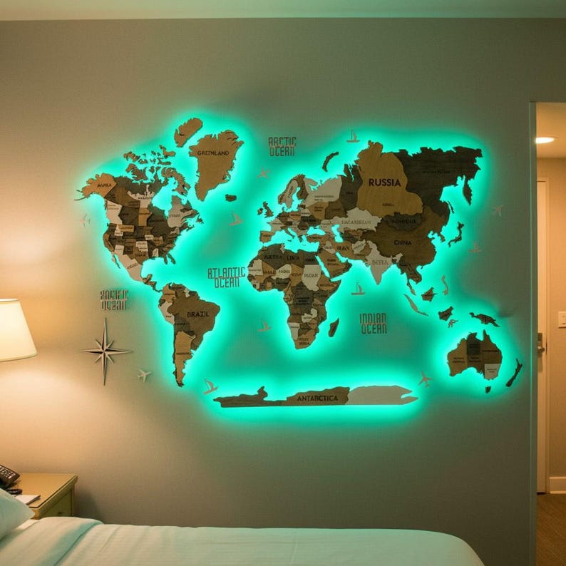 Wooden World Map LED - Light up Wall Map, 3D Wooden Map Decor, LED ...