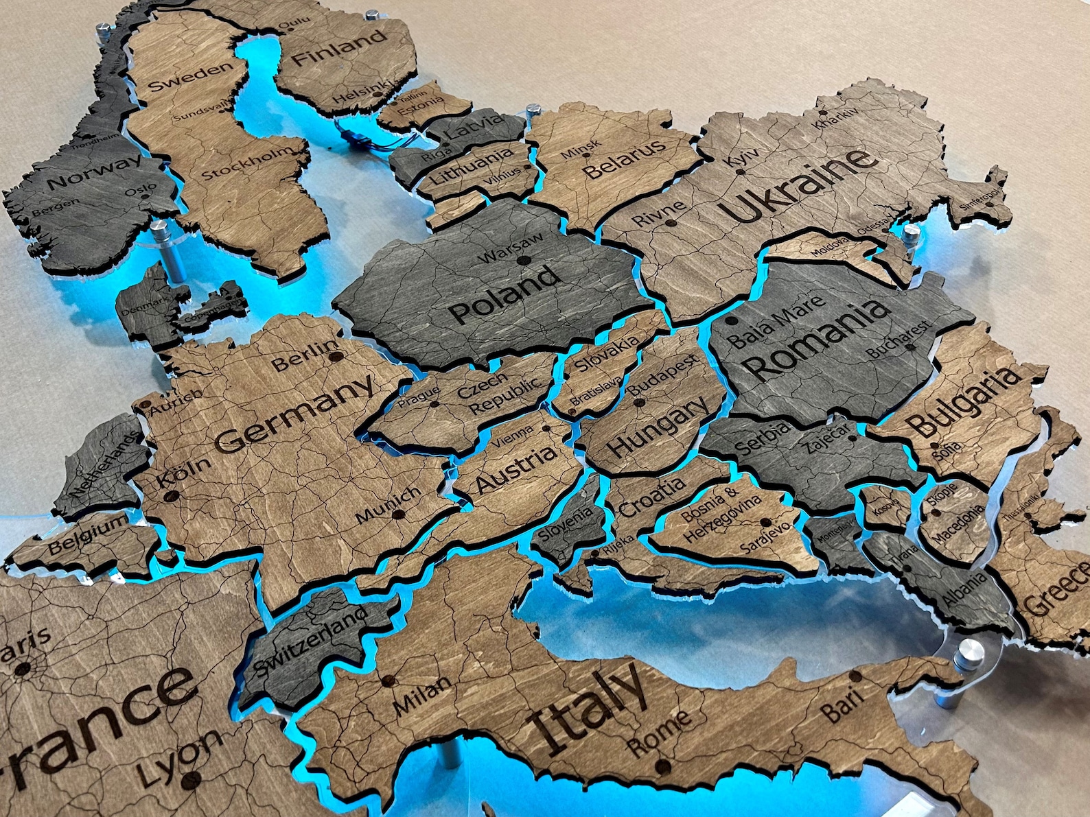 Wooden Map of Europe With Roads and LED Backlighting, Stylish 3D Wall ...