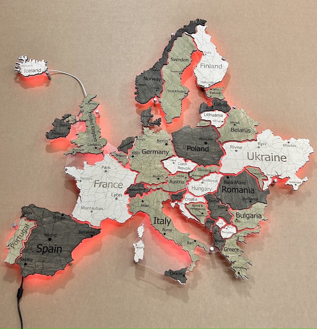 LED Europe Map With Capitals, Illuminated Wooden Wall Decor for Travel ...