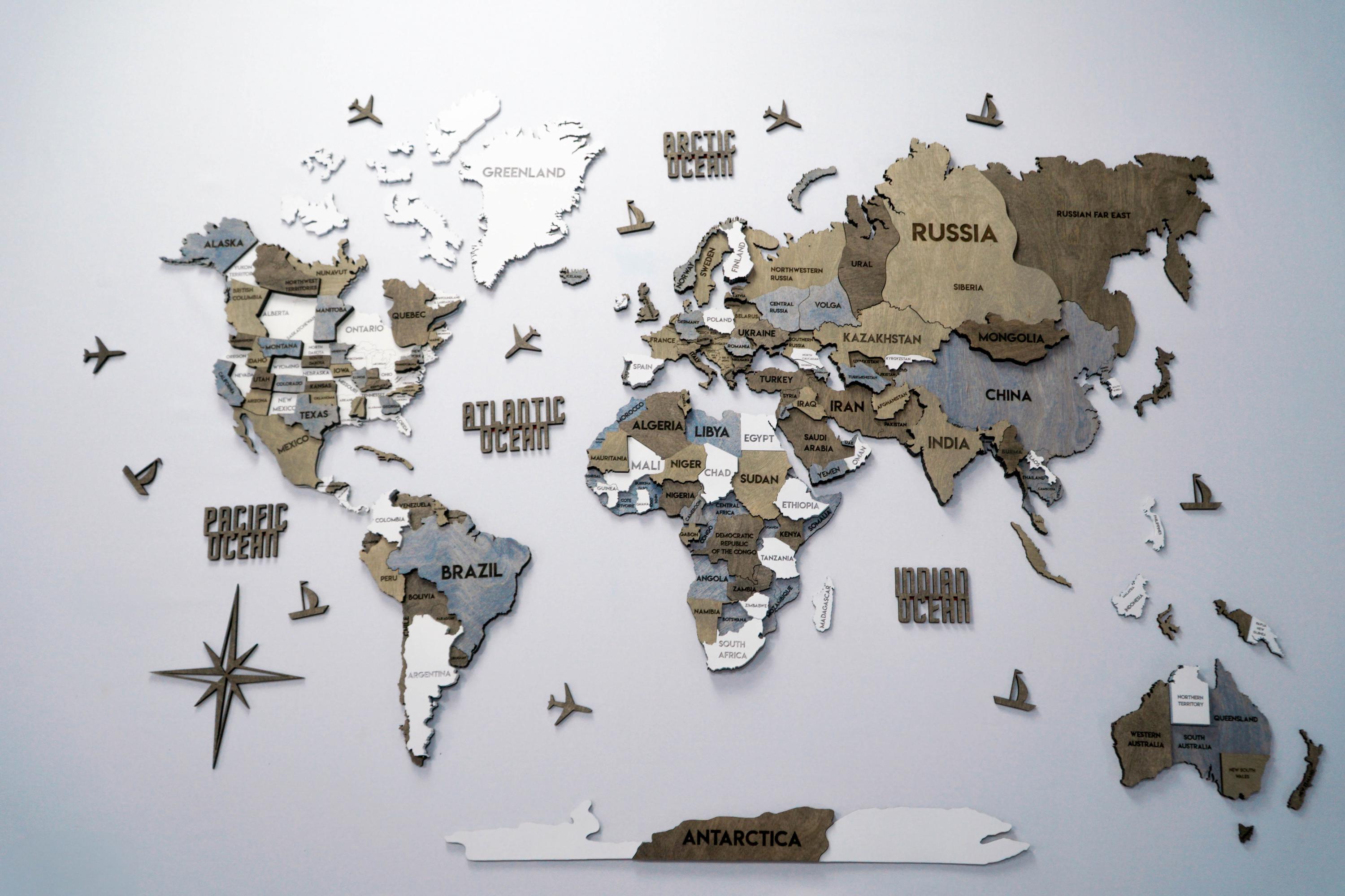 Wooden World Map With LED Backlight – 3D Multicolor Wall Art, Rustic ...