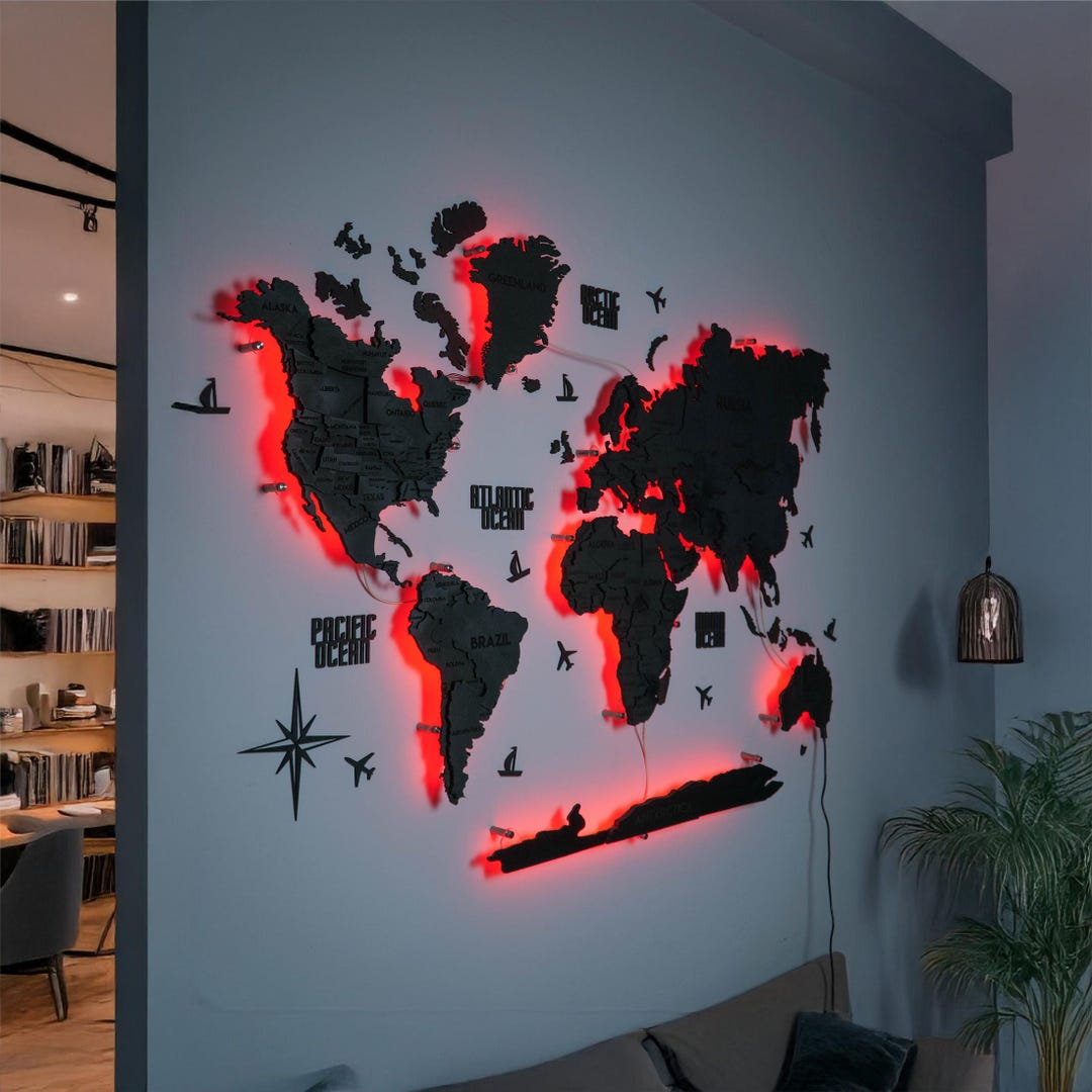 Black Wood World Map With LED Lights – 3D Illuminated Wall Art, Modern ...