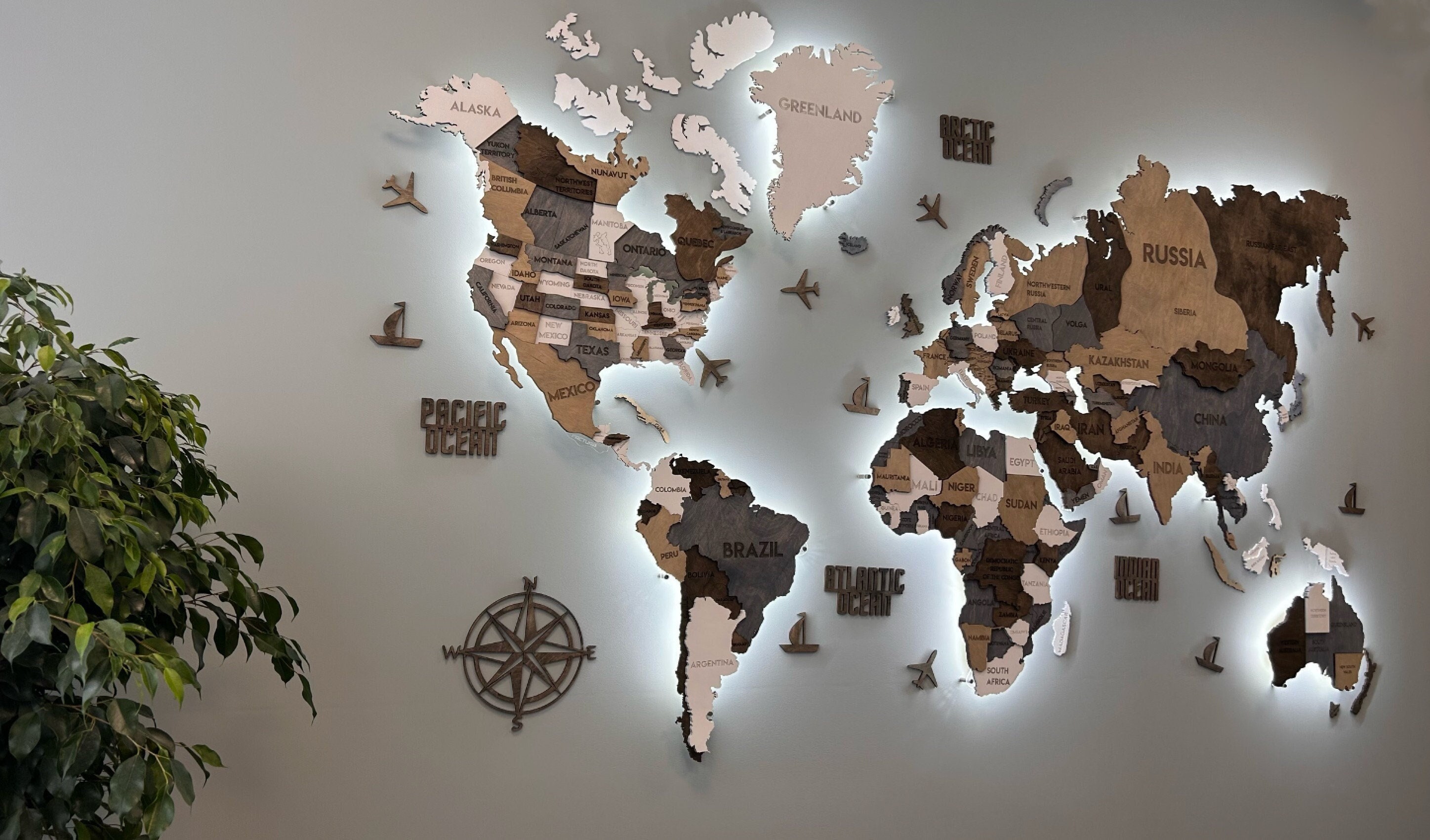 Wooden World Map With LED Backlight – Dark & Light 3D Wall Art, Country ...