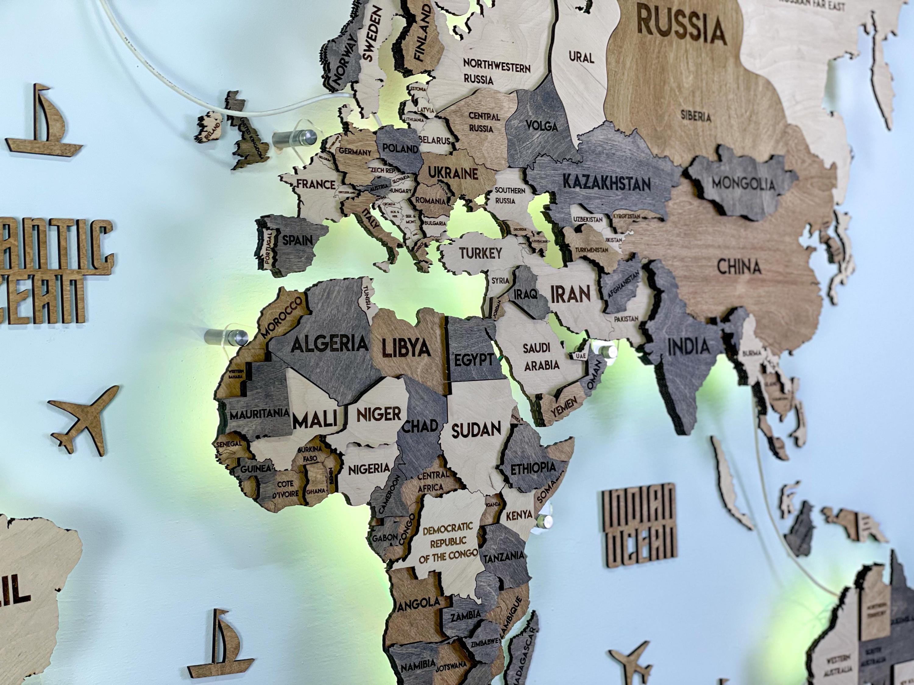 Wooden World Map With LED Backlight - 3D Wall Map Decor, Light up ...