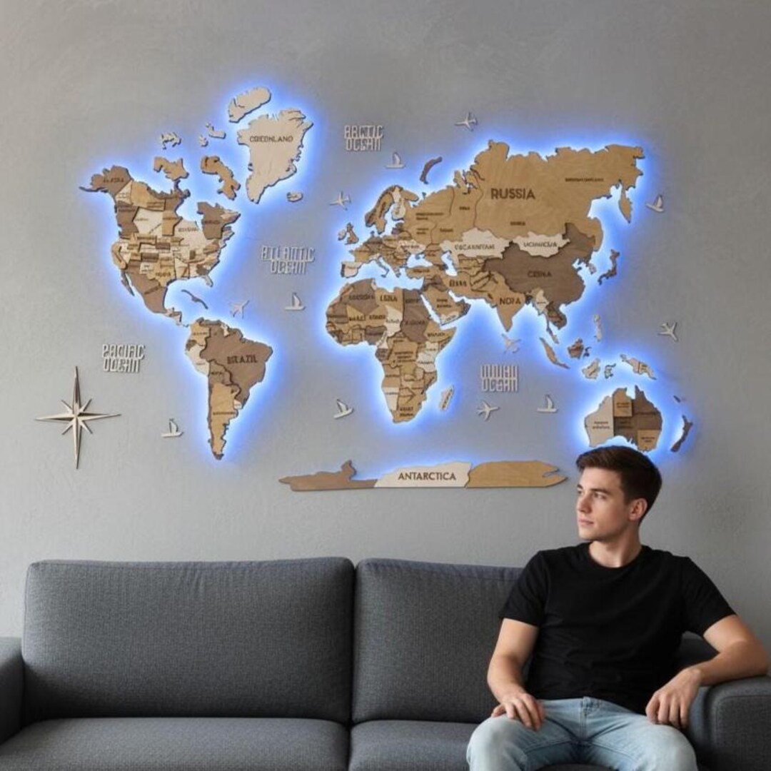 3D Wooden World Map With LED - Modern Wall Art Map, Light up Wooden ...