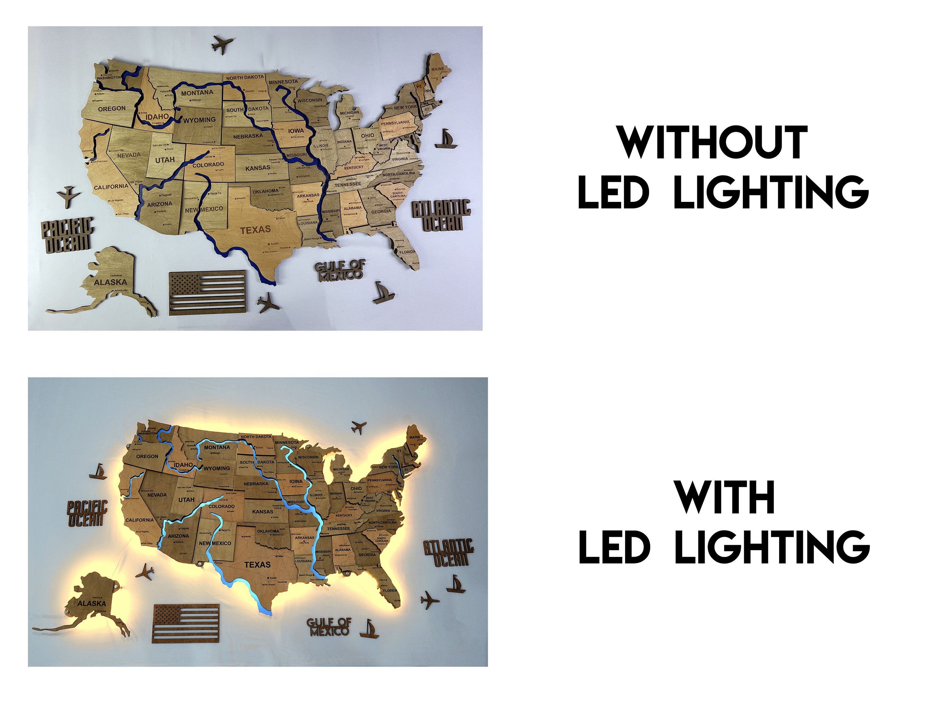 USA Travel Map Wooden, 3D Wall Map Art, Wall Map With LED Lights, Wood ...