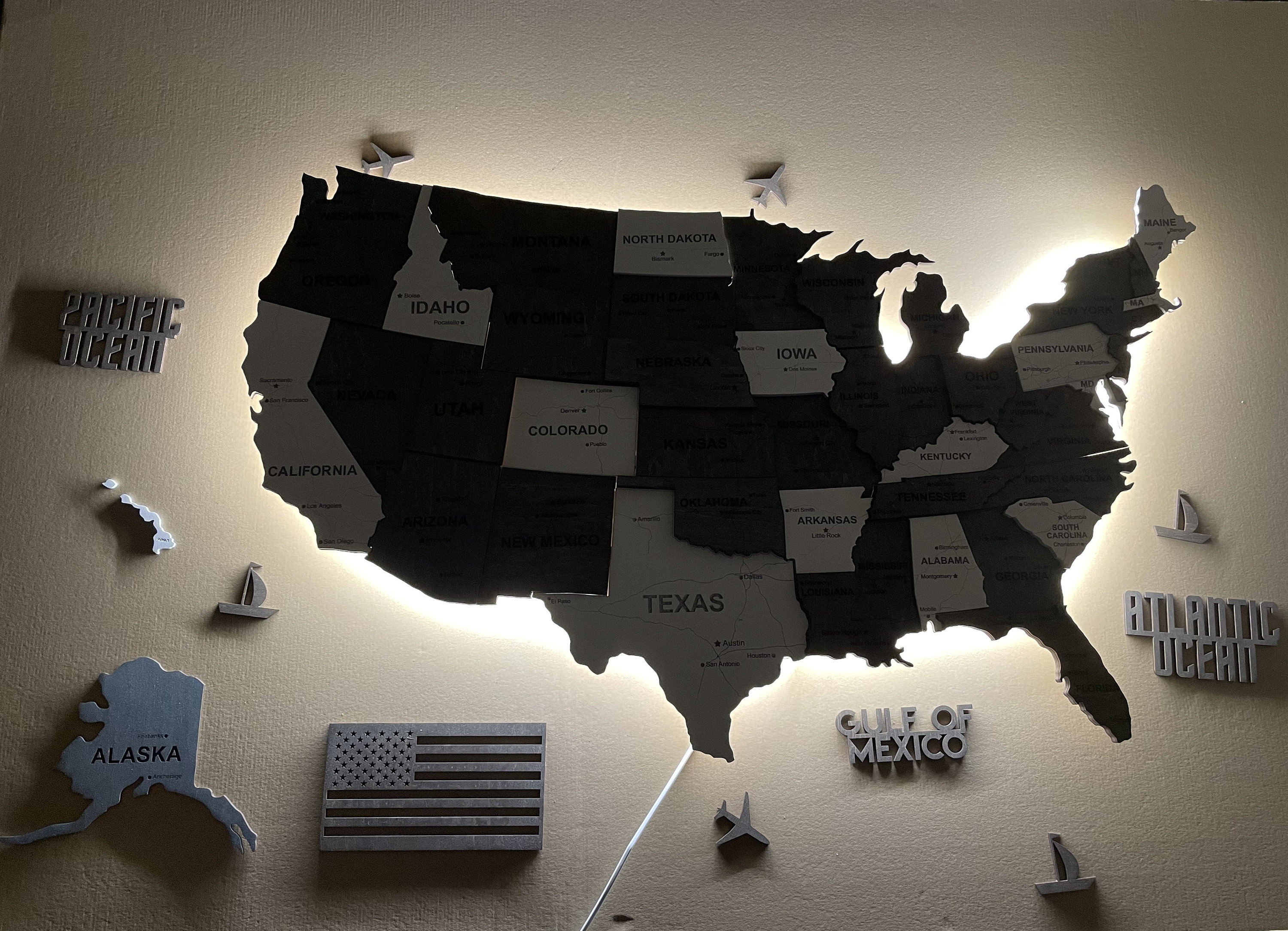 USA Wooden Map With LED Light, Wood World Map, 3D Wall Decor, Wall Art ...