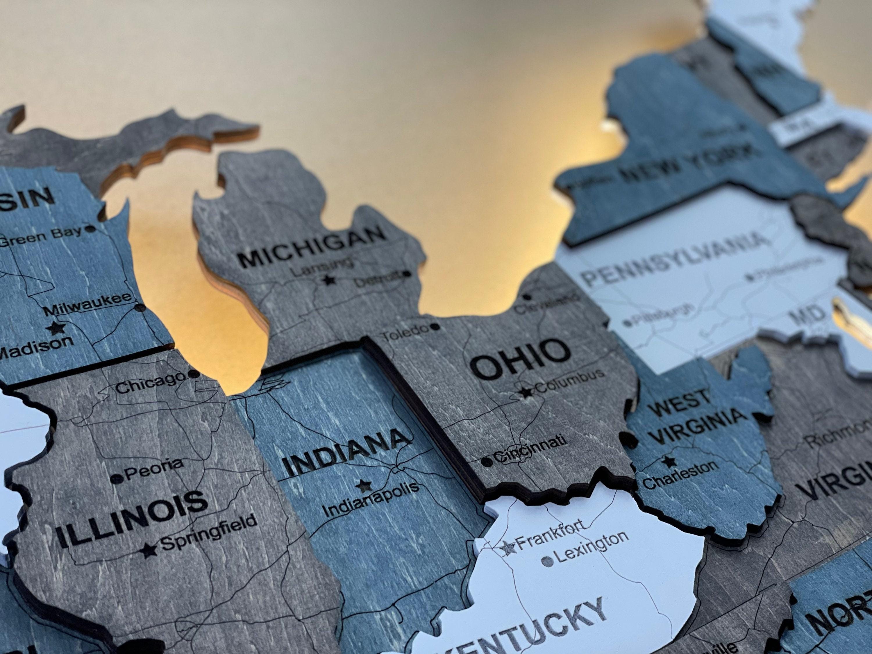 3D Wooden USA Map LED Backlight – United States Wall Art With States ...