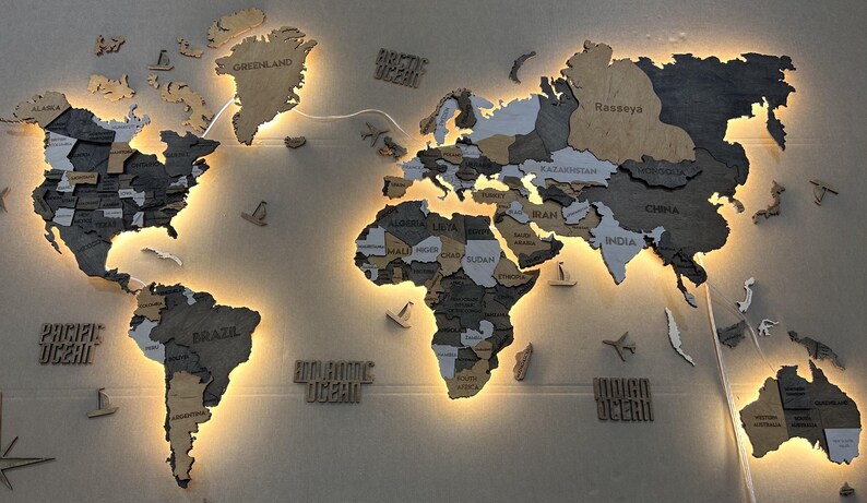 Wooden World Map LED - Light up Wall Map, 3D Wooden Map Decor, LED ...