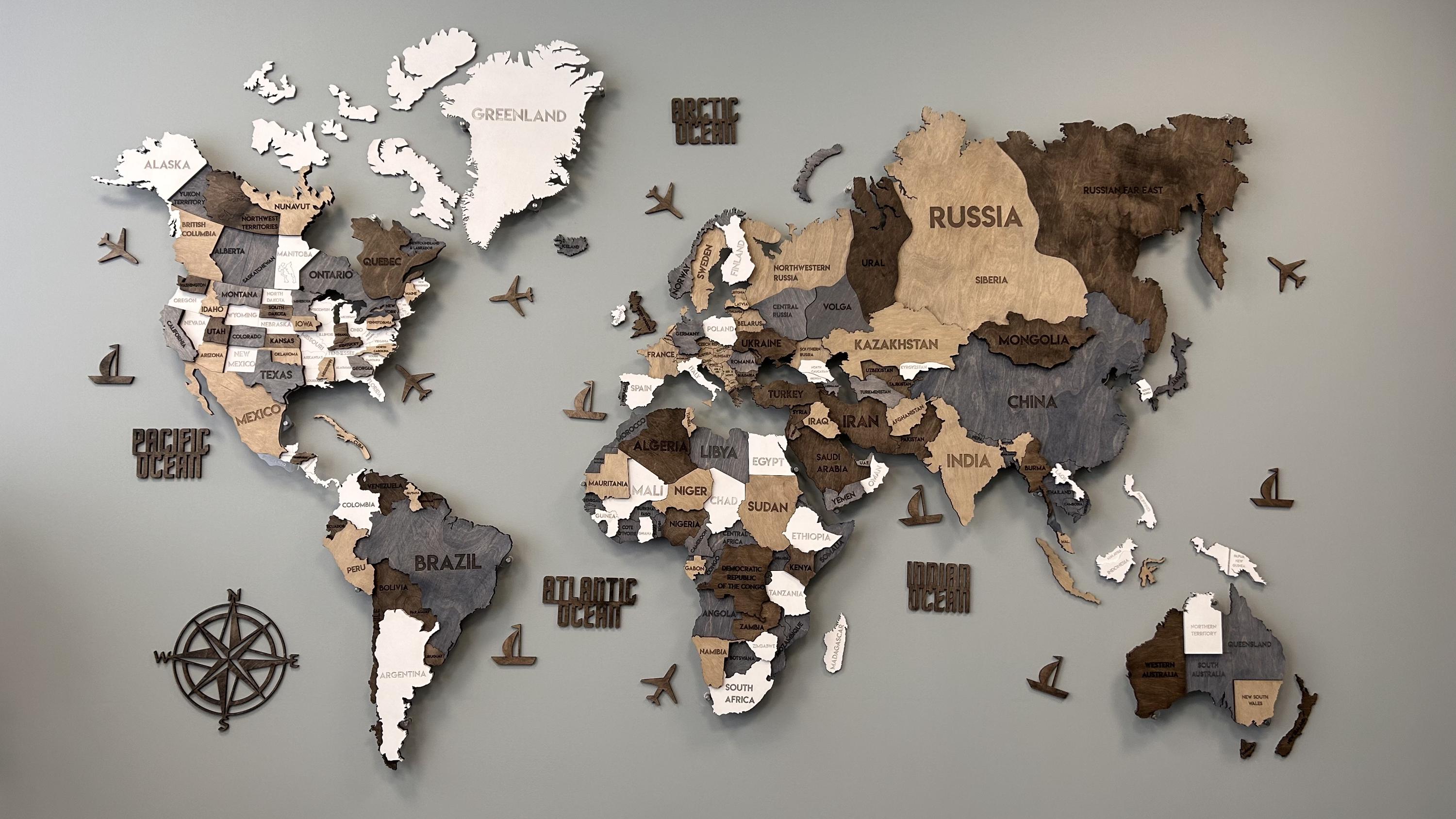 Wooden World Map With LED Backlight – 3D Multicolor Wall Art, Rustic ...