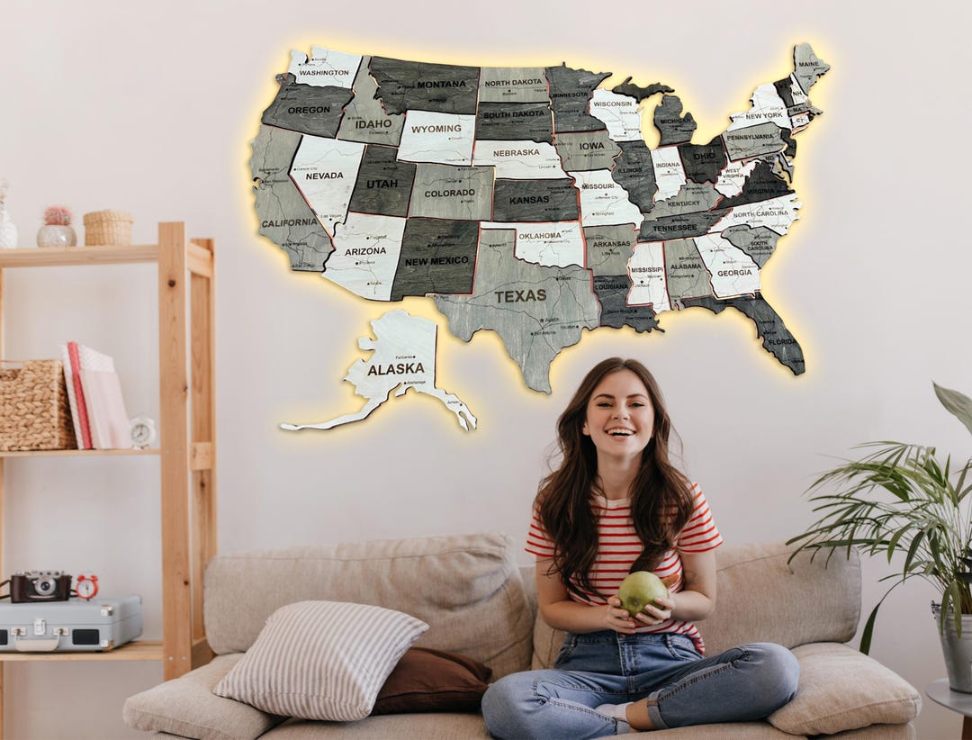 USA Wooden Map With LED – 3D Light up Wall Art of United States, Gray ...