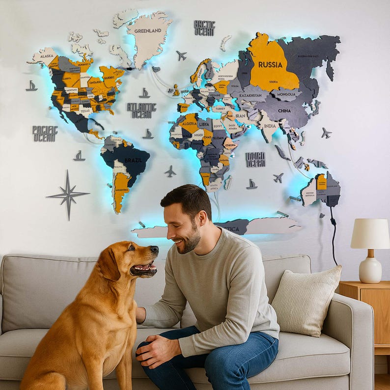 Wooden World Map With Multicolor LED – 3D Push Pin Travel Map, Handmade ...