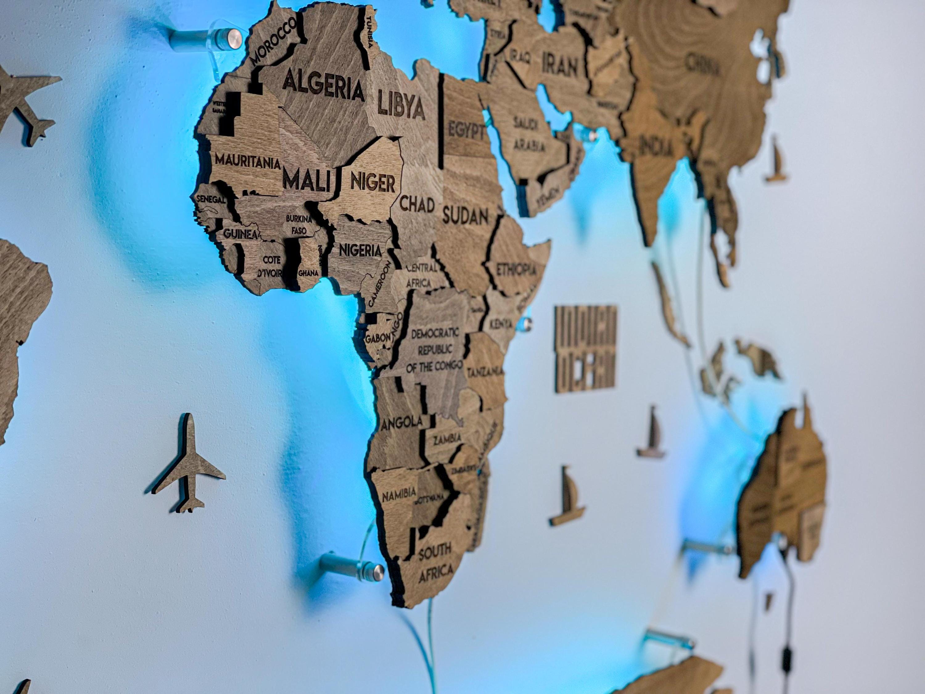Wooden World Map With LED Lights – Handmade 3D Travel Wall Art for ...