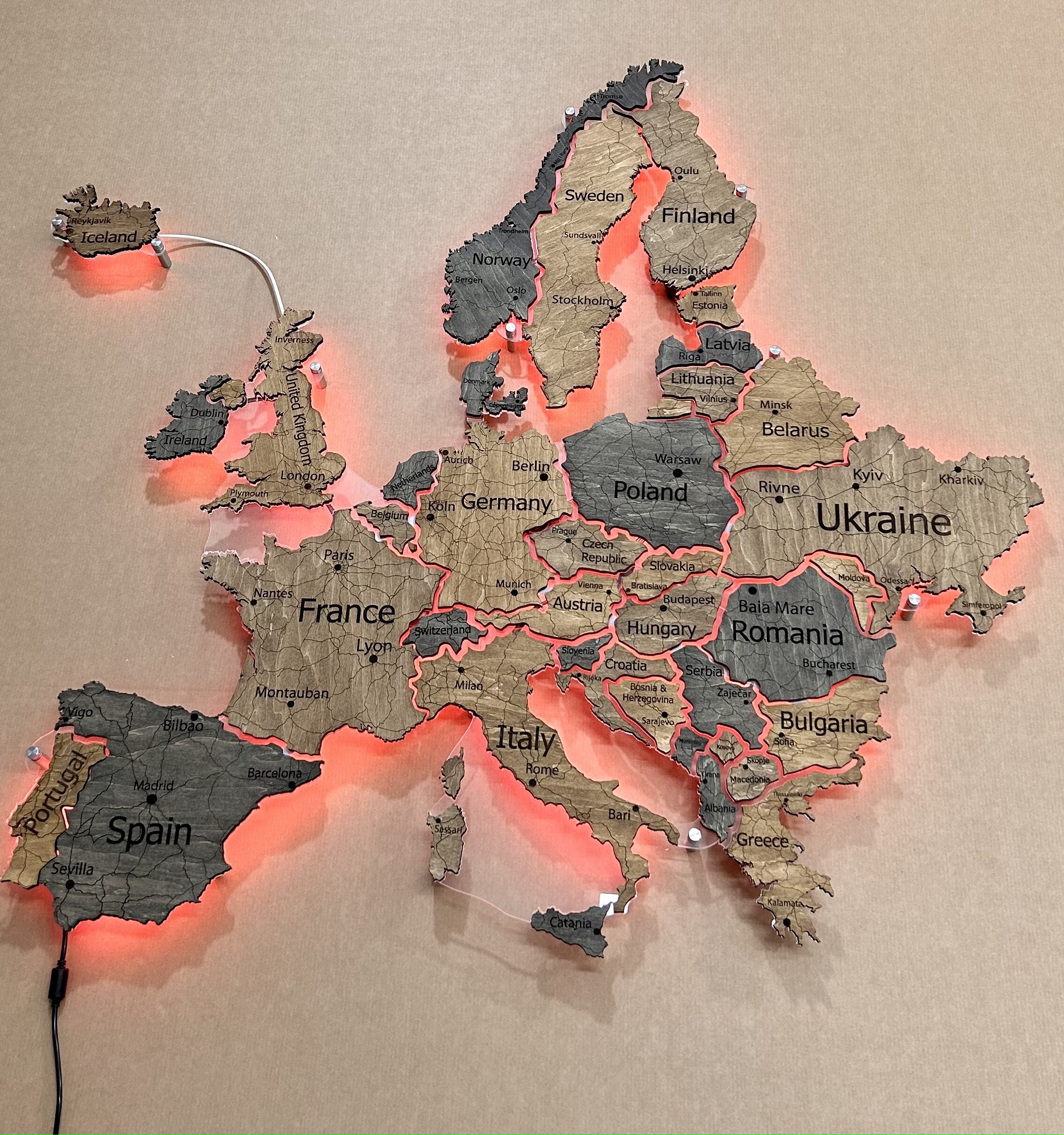 Map of Europe on Acrylic, Map With Roads and Illumination Between ...