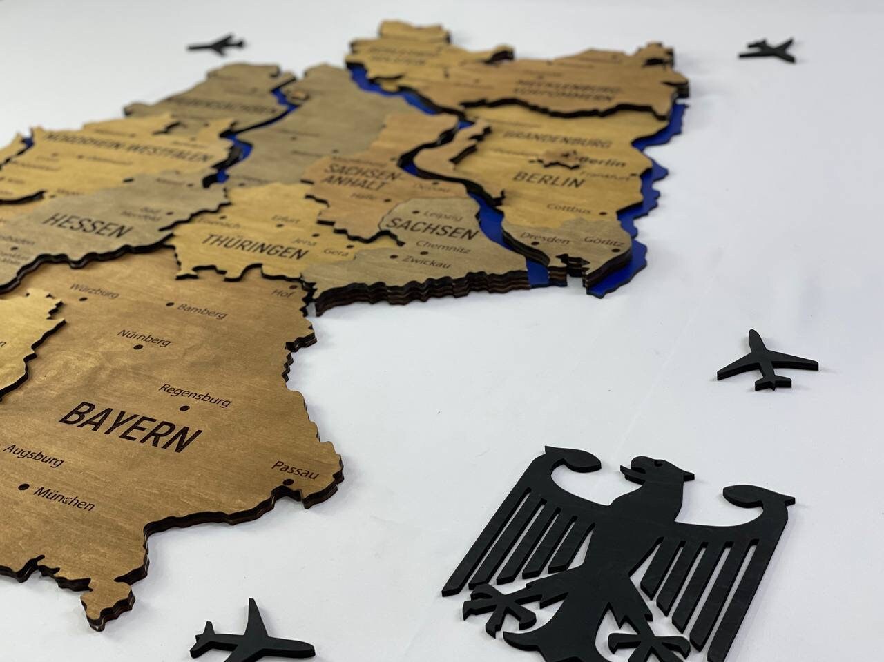 Wooden Map of Germany With Rivers - 3D Multilayer Dark Nut Wall Decor ...