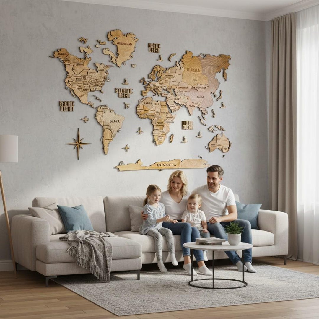 Wooden World Map - 3D Wooden Map Decor, LED Backlit World Map Wall Art ...