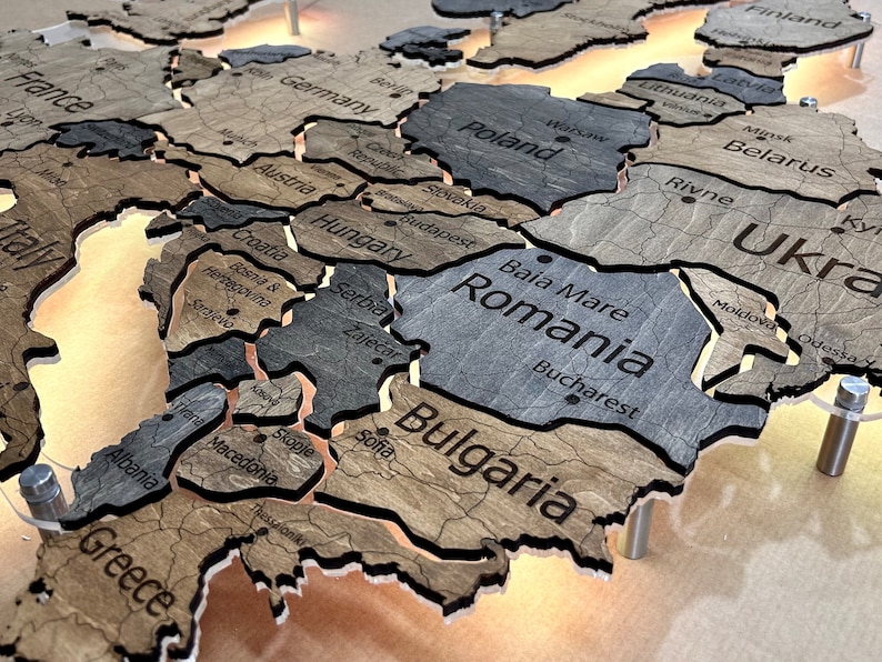 Wooden Map of Europe With Roads and LED Backlighting, Stylish 3D Wall ...