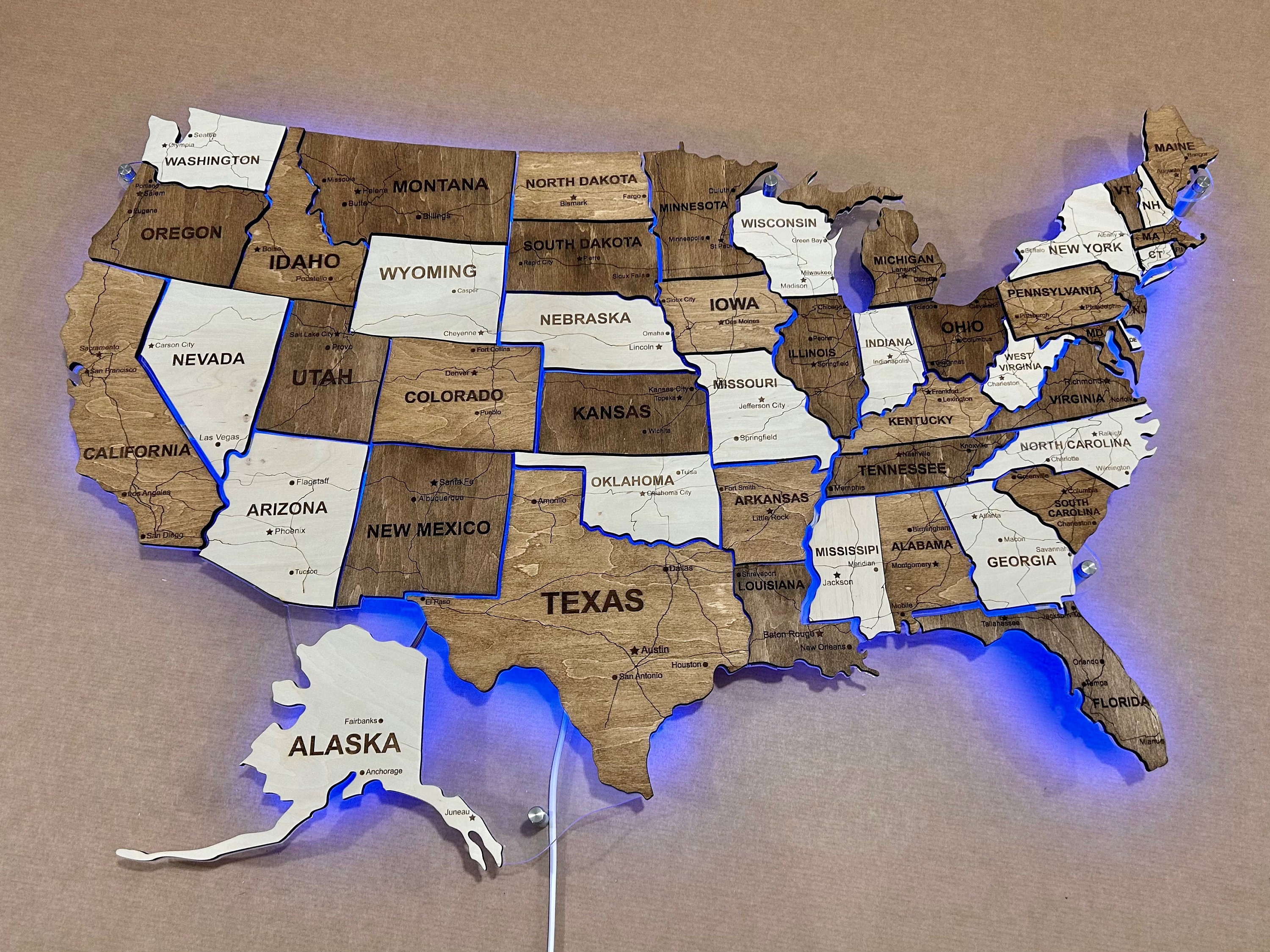 LED Wood USA Map – Turquoise Light up US Wall Map With States, Modern ...