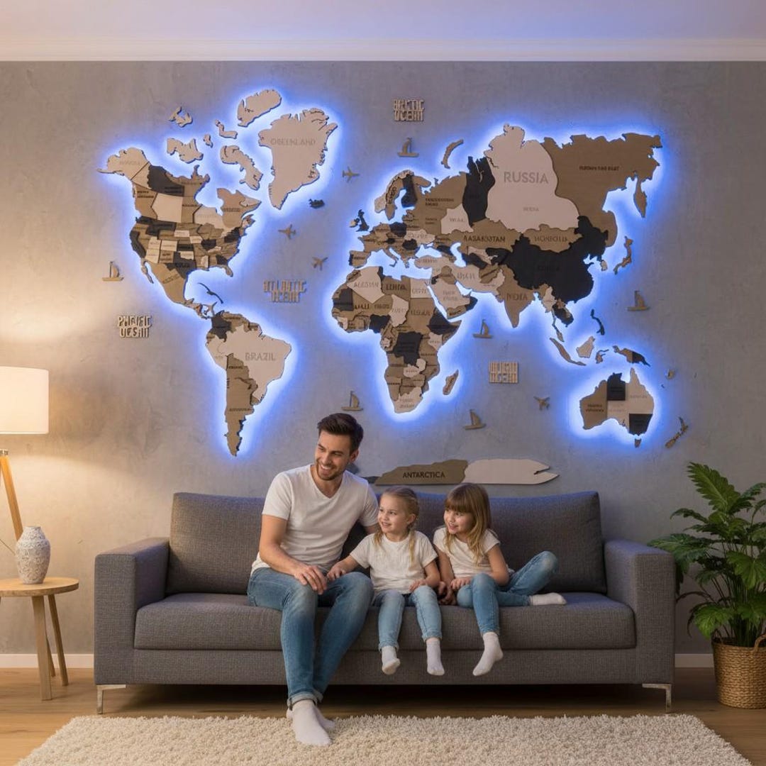 XXL Light-up Wooden World Map With LED Backlight - 3D Wall Art Decor ...