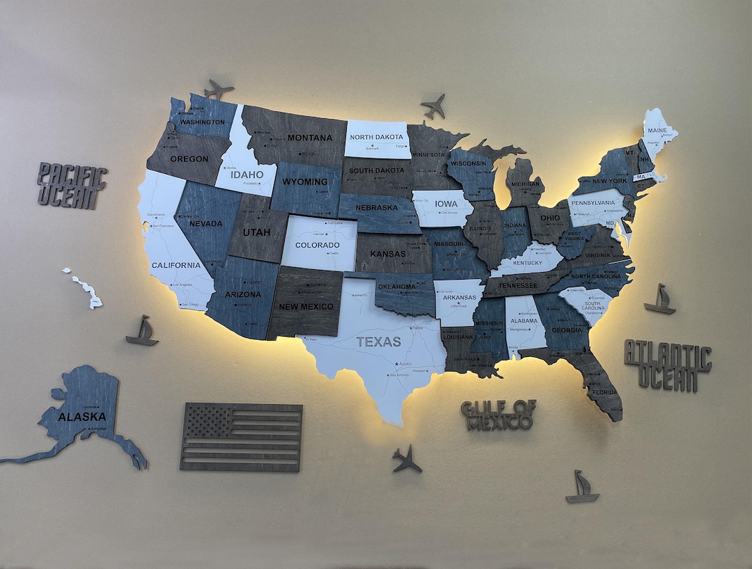 3D Wooden USA Map LED Backlight – United States Wall Art With States ...