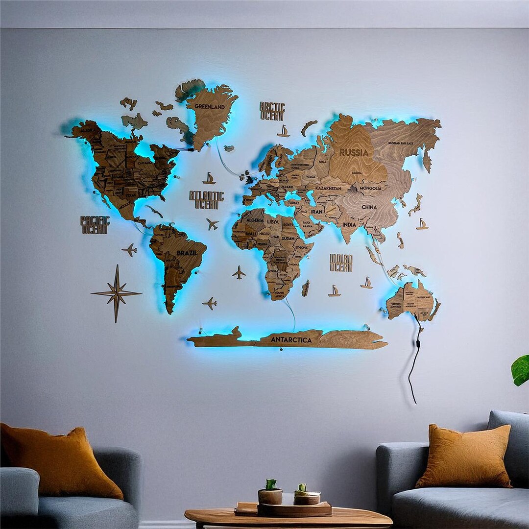 Wooden World Map With LED Lights – Handmade 3D Travel Wall Art for ...