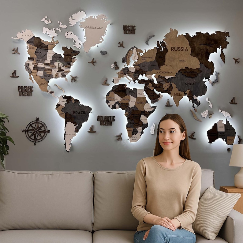Wooden World Map With LED Backlight – Dark & Light 3D Wall Art, Country ...