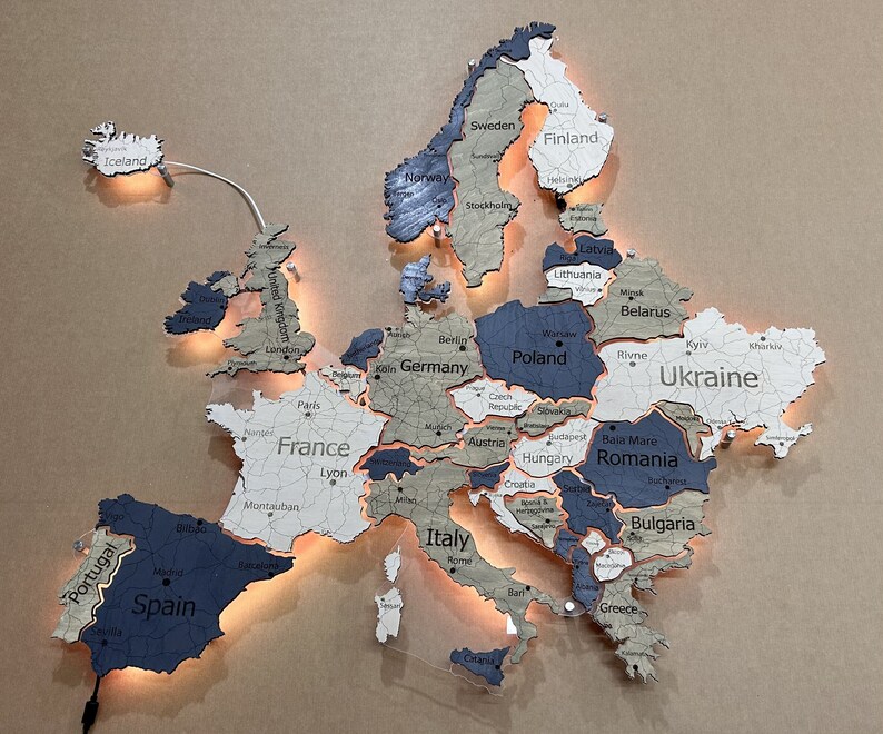 Map of Europe on Acrylic, Map With Roads and Illumination Between ...