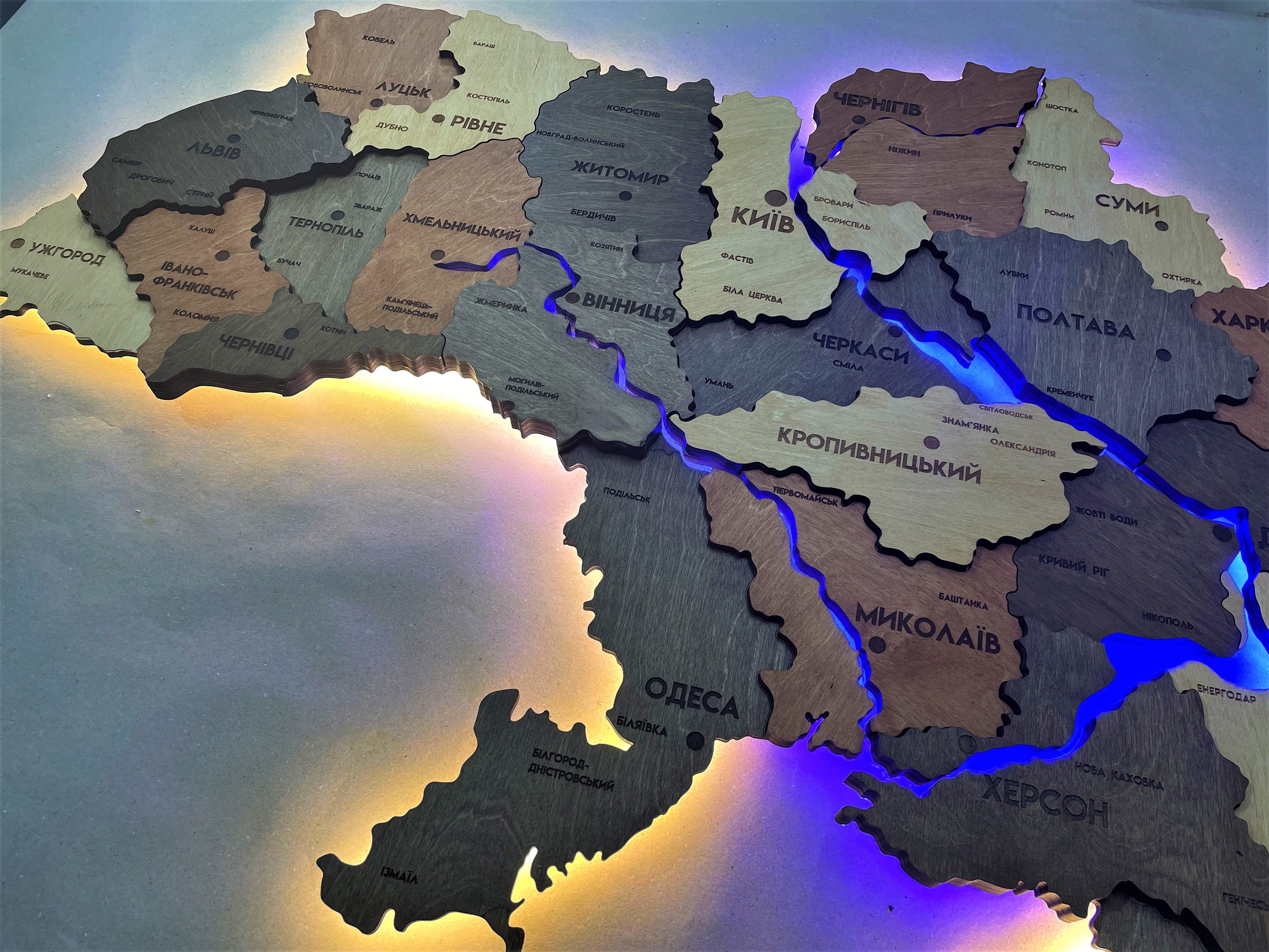 3D LED Wooden Map of Ukraine With Acrylic Rivers, Wood World Map, 3D ...