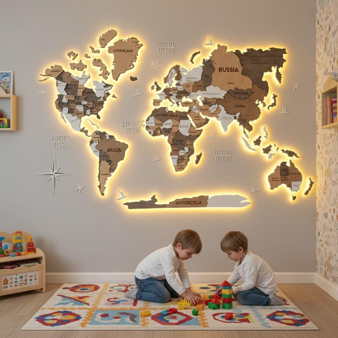 Wooden World Map With LED - 3D Educational Wall Map for Kids Room ...