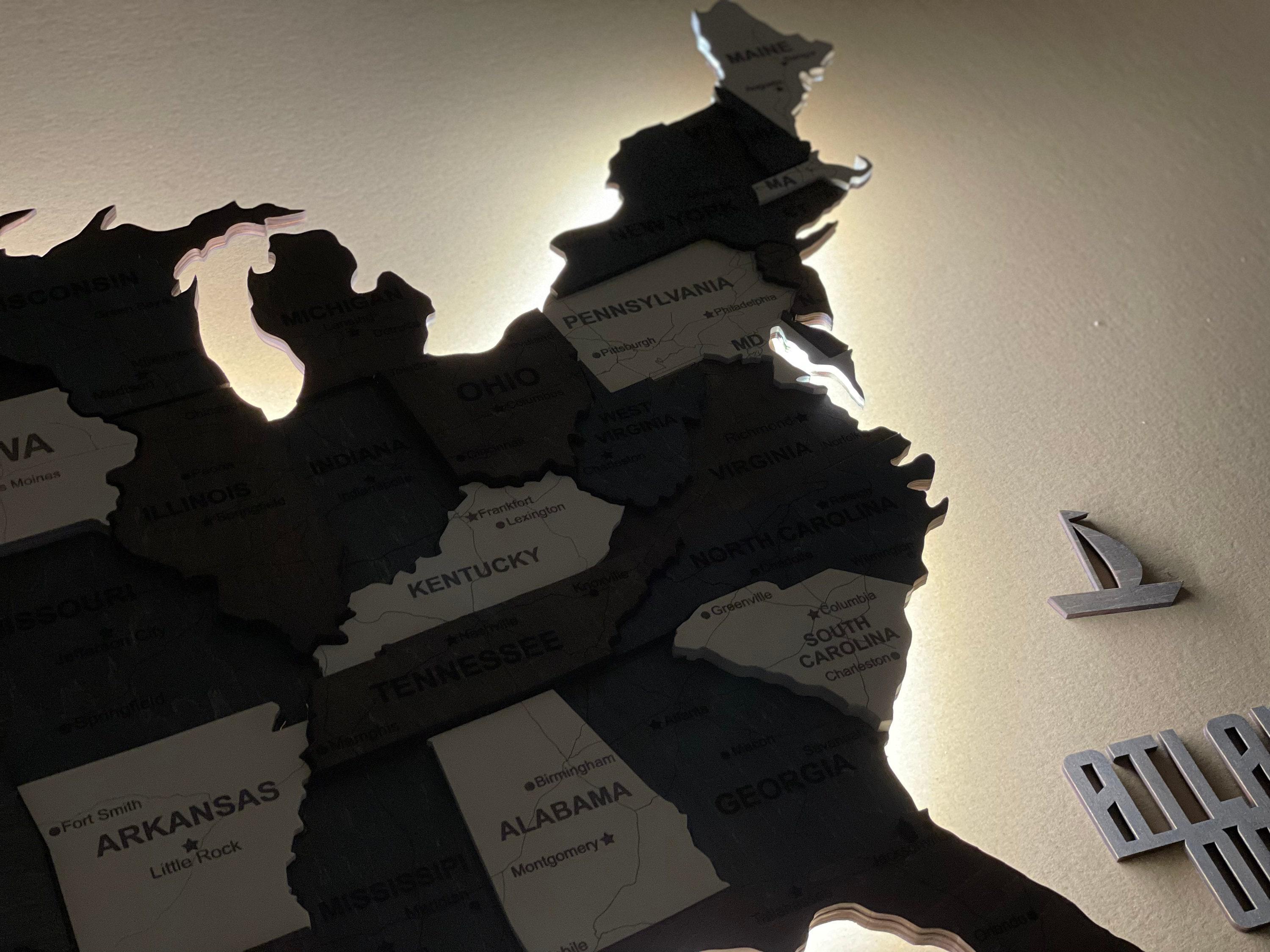 3D Wooden USA Map LED Backlight – United States Wall Art With States ...