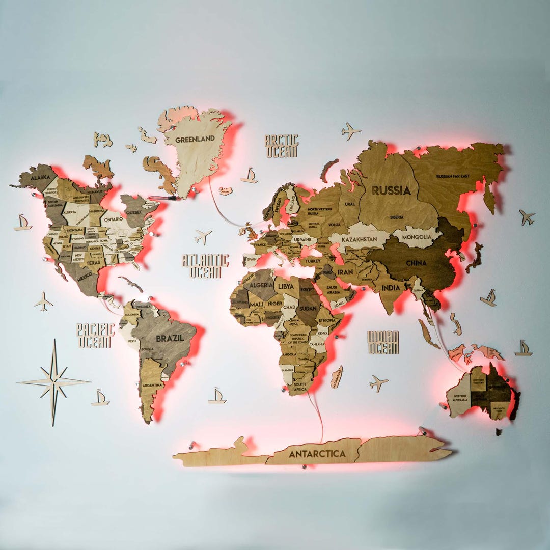 3D LED Wall Map – Illuminated Wooden World Map With Red Backlight, Travel Push Pin Decor ...
